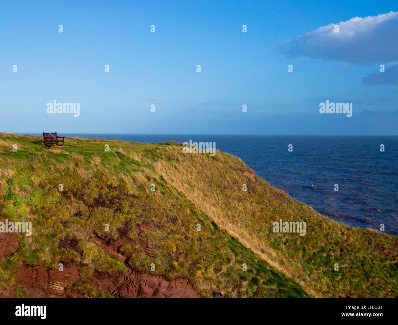 Wooden bench at Seaton Cliffs near Arbroath In Scotland overlooking the ...