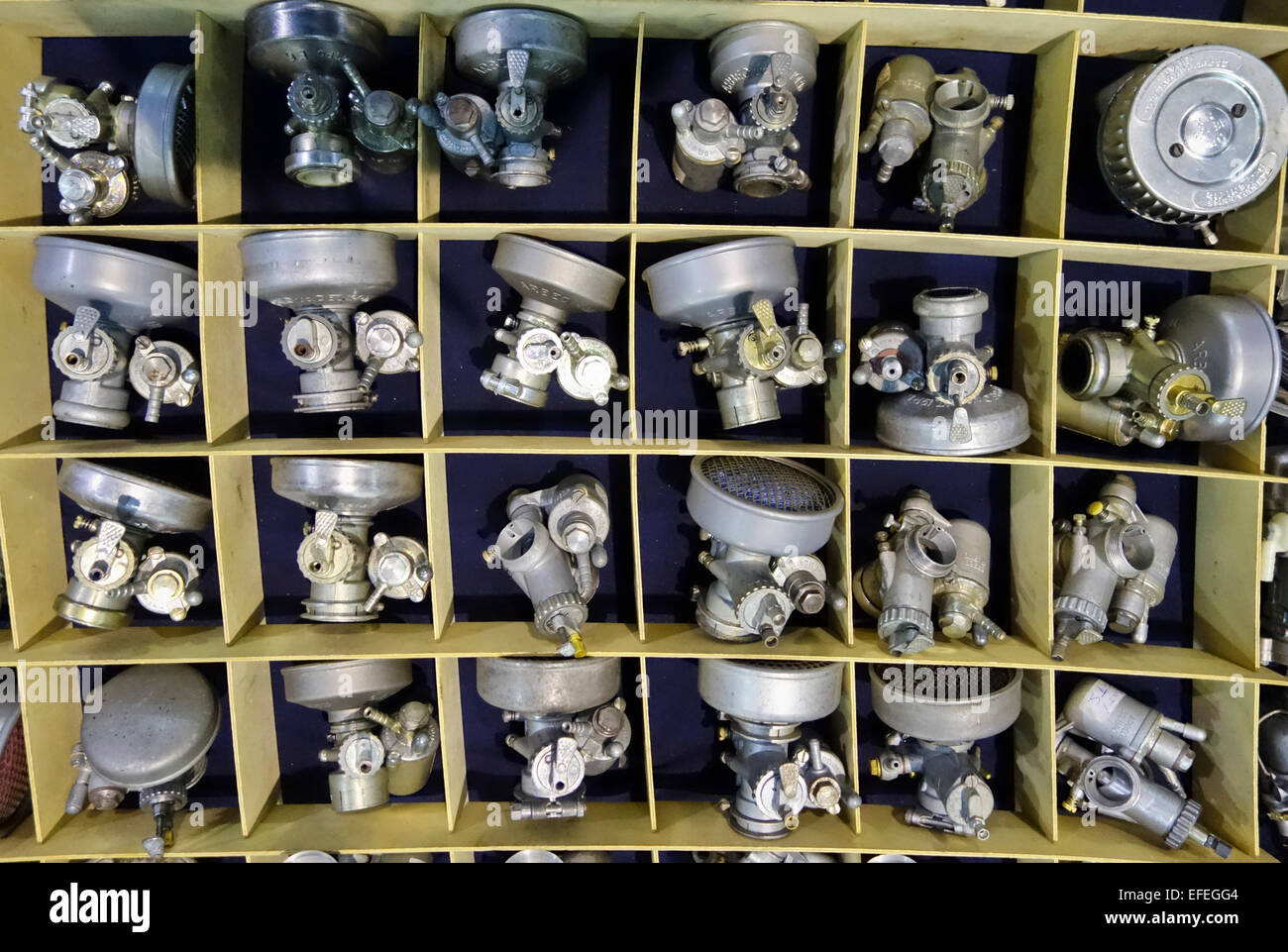 Box with air filters and carburetors of classic motorcycles, engine ...