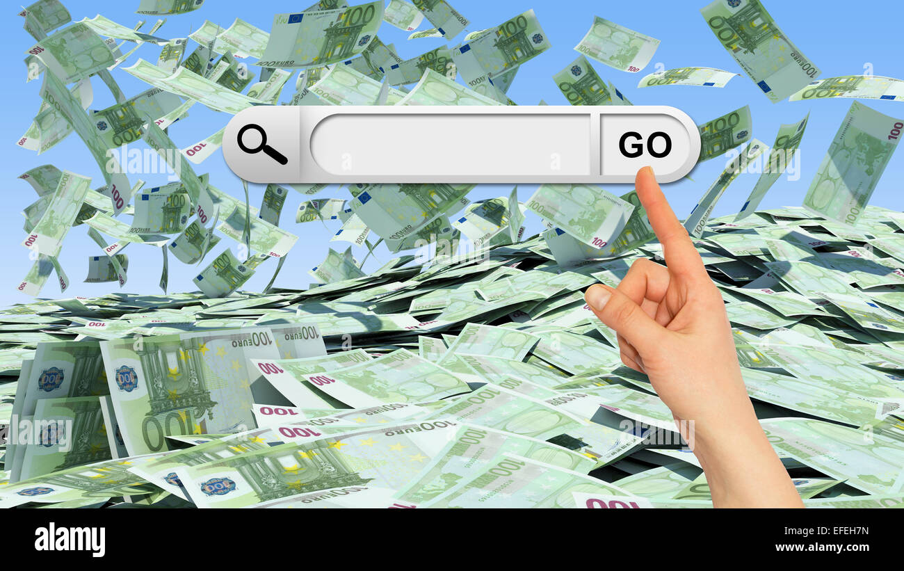 Hand pressing Go button in blank browser search bar, money as backdrop ...