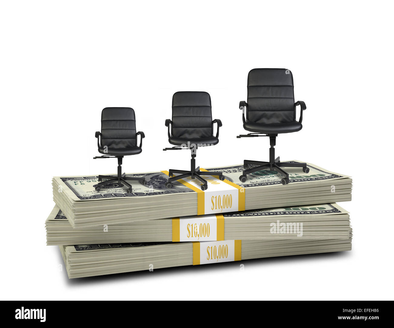 Stack of money with three office chairs on top Stock Photo - Alamy