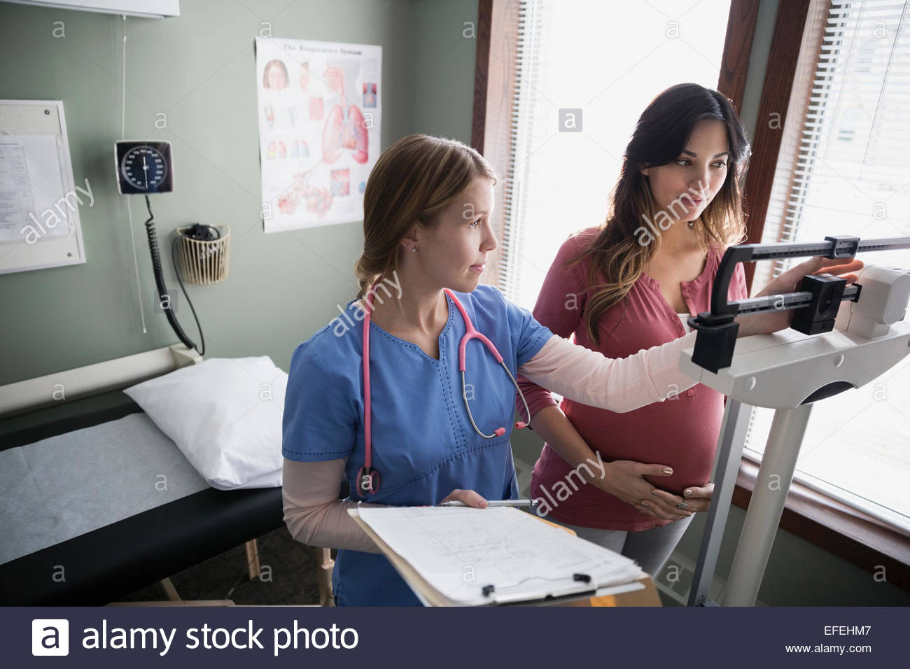 Nurse checking weight of pregnant woman Stock Photo - Alamy