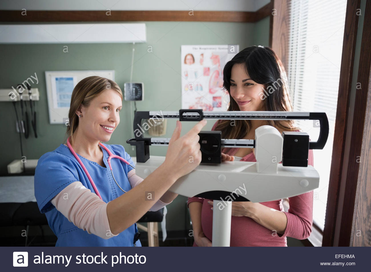 Nurse checking weight of pregnant woman Stock Photo - Alamy