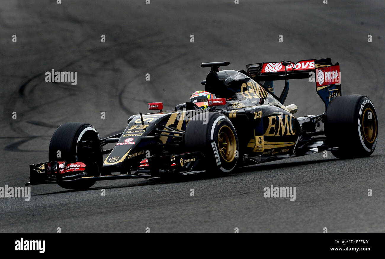 Venezuelan Formula One driver Pastor Maldonado of Lotus F1 Team steers his new E23 Hybrid during ...