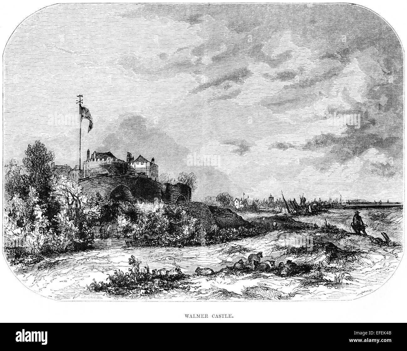 An engraving of Walmer Castle scanned at high resolution from a book ...