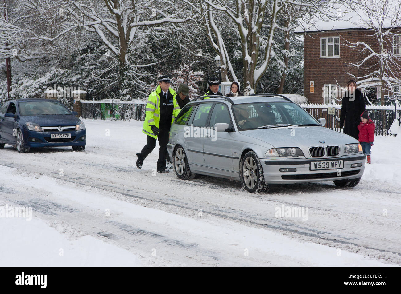 Traffic Jam caused by snow. Travel disruptions from winter 2009. Bordon ...