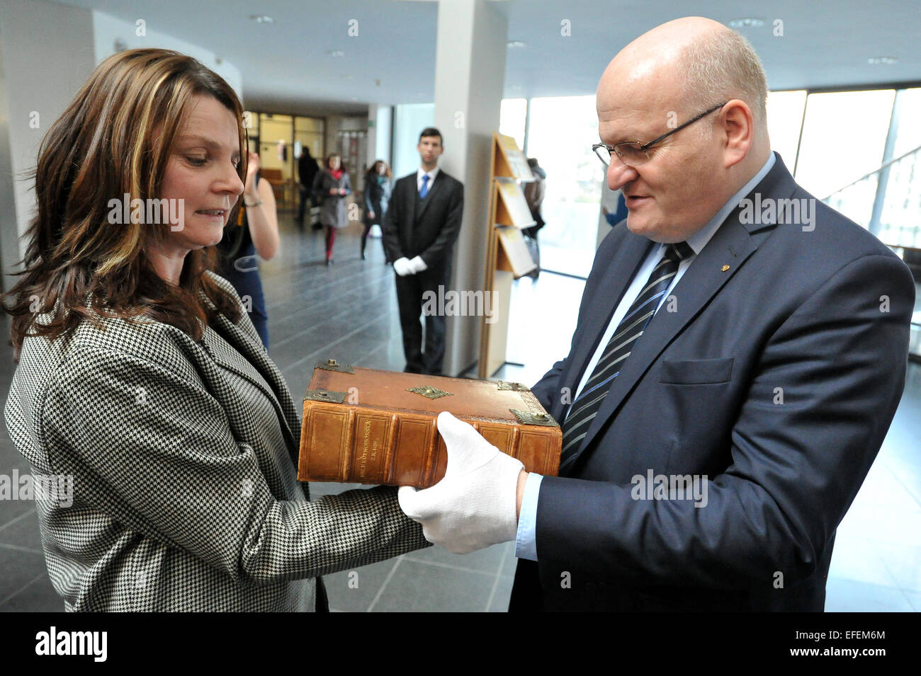 Culture Minister Daniel Herman (right) hands Kutna Hora Bible, a rare ...