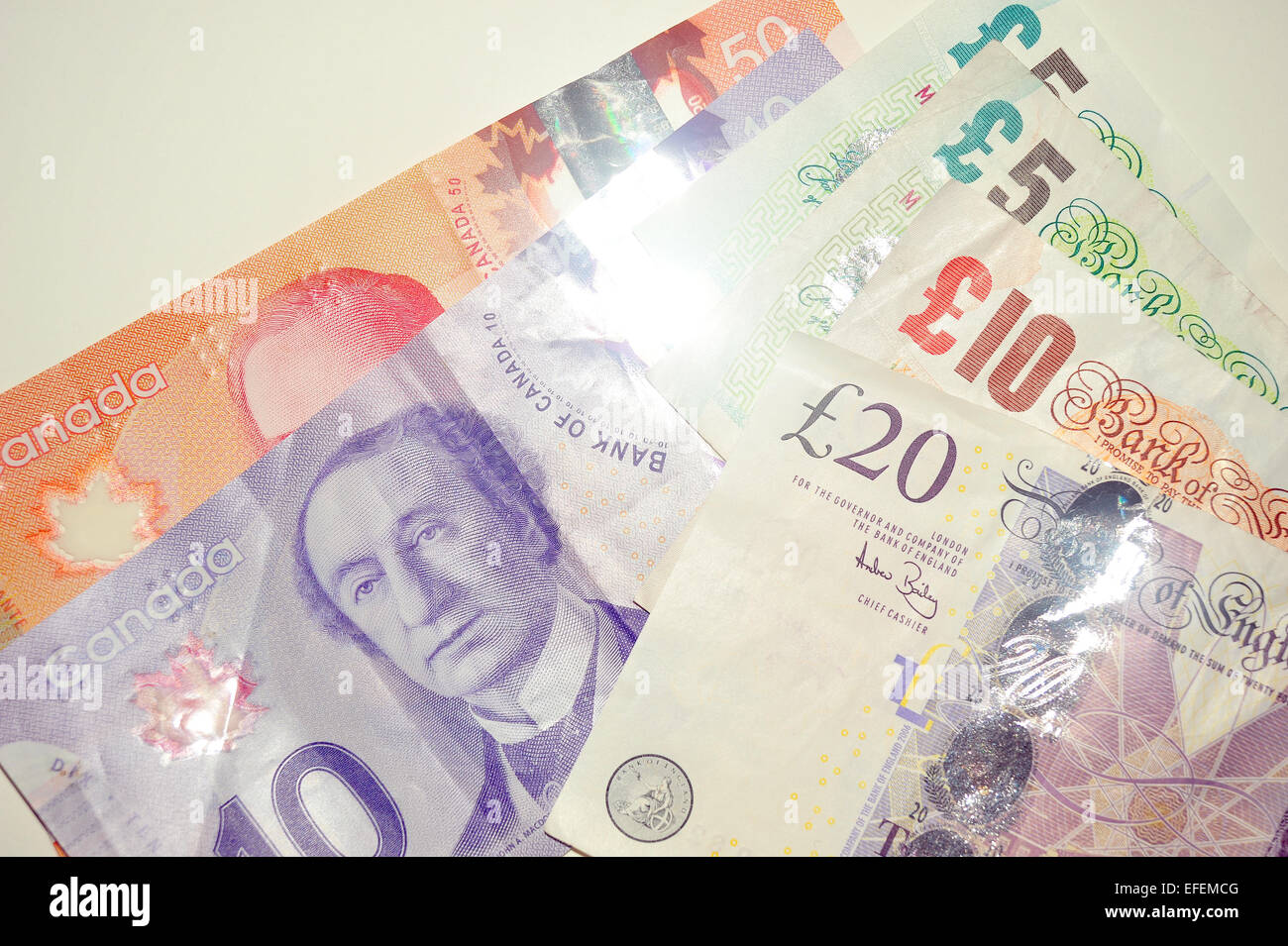 British Pound notes, Canadian Dollar notes and European Euro notes ...