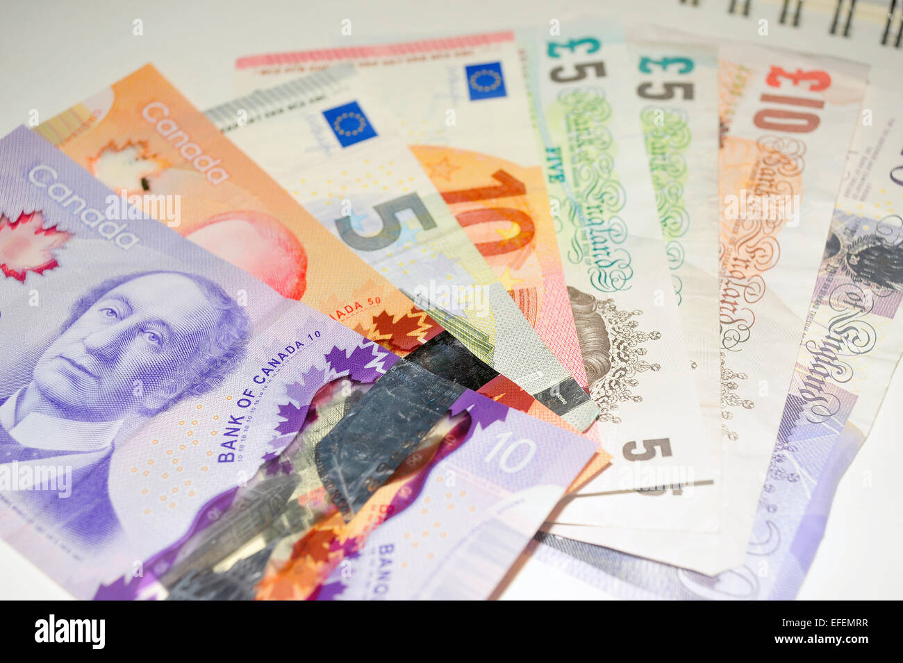 British Pound notes, Canadian Dollar notes and European Euro notes ...