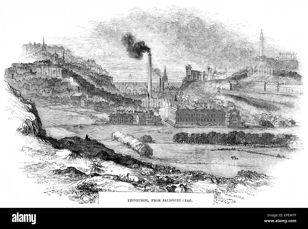An engraving of a cityscape of Edinburgh from Salisbury Crag scanned at ...
