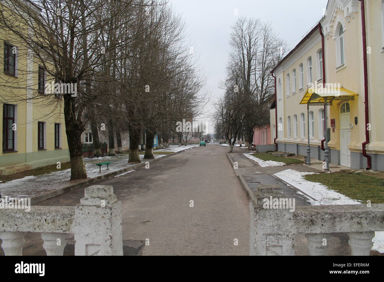 straight street with retro style houses, January, 2015, Vileyka Stock ...