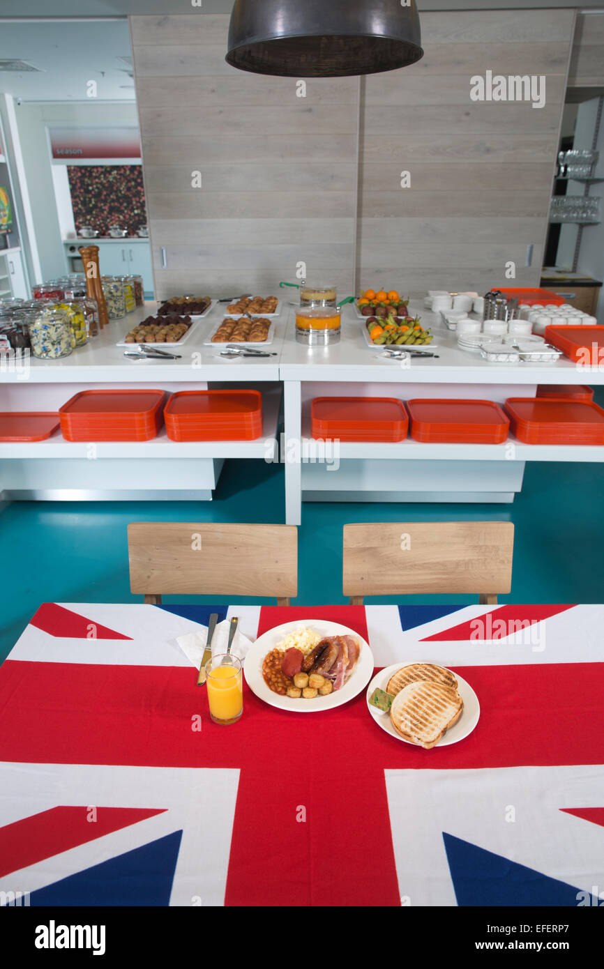 Full English Breakfast served on a Union Flag table cloth, United ...