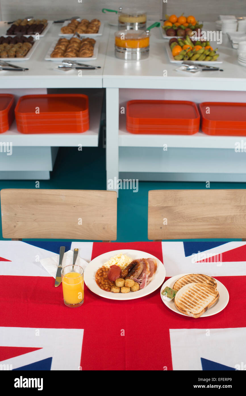 Full English Breakfast served on a Union Flag table cloth, United ...