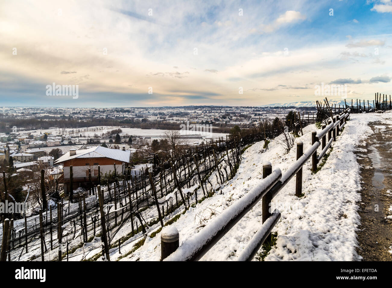a light snowfall on the italian countryside, with white fields and ...