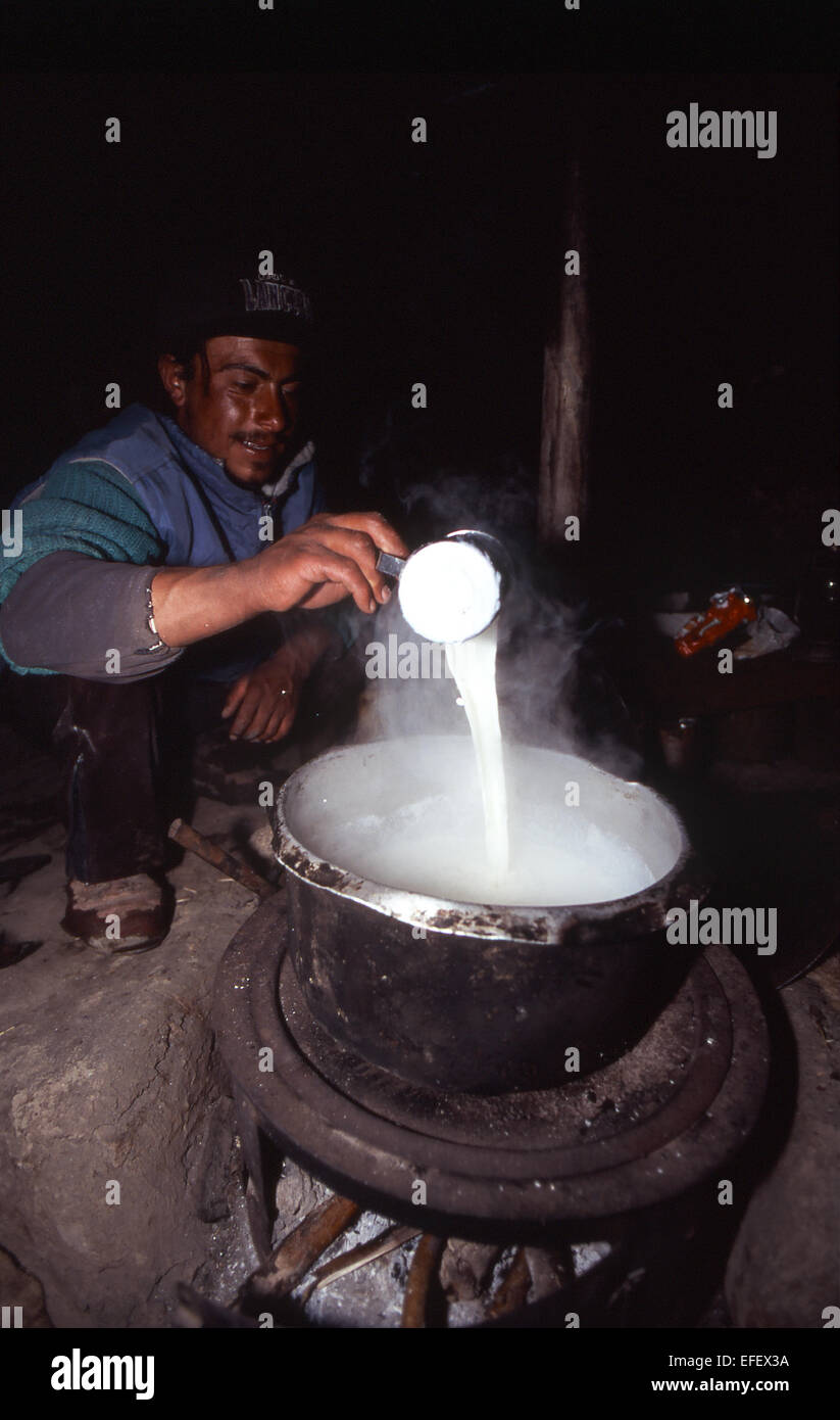 Local Pakistani from Shimshal prepares Yak milk in Yak herding village ...