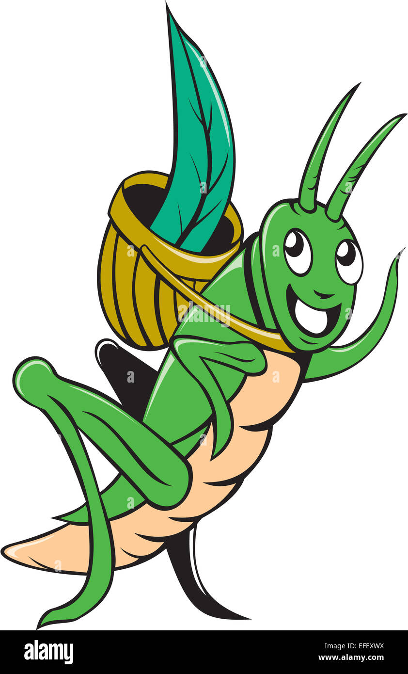 Illustration of a grasshopper carrying basket with grass waving hello ...