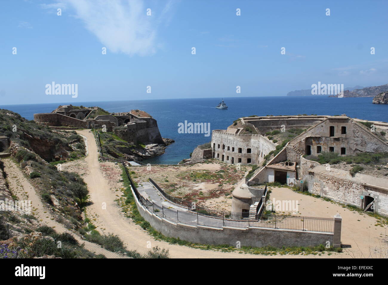 Ship entering Cartagena bay in Cartagena, Murcia Province, Spain, old ...