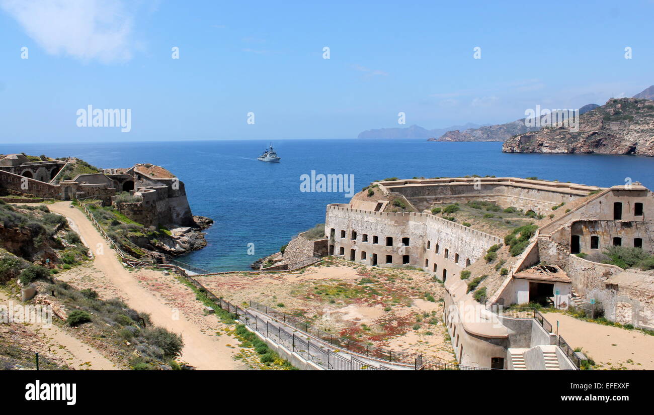 Ship entering Cartagena bay in Cartagena, Murcia Province, Spain, old ...