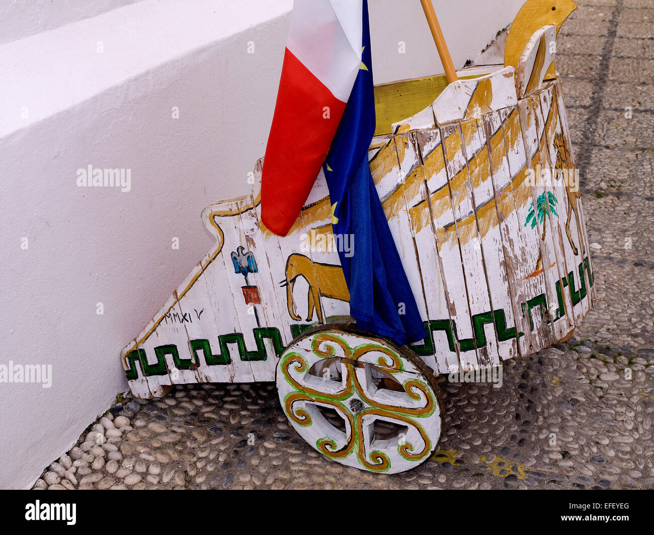 Traditionally decorated Sicilian Carts outside a pizzeria in Nerja ...