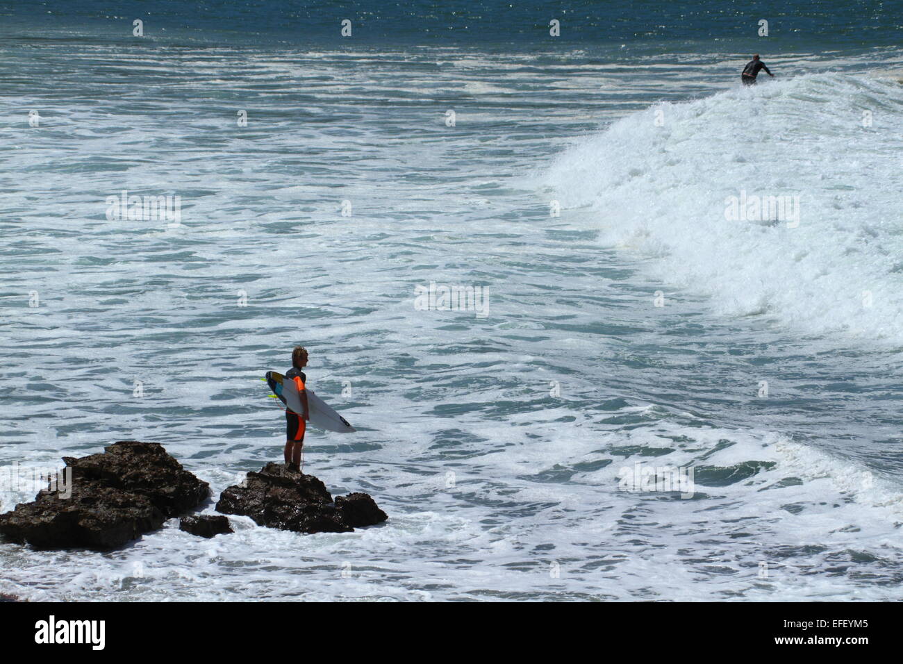 A young male surfer stands on rocks scanning the surf at Sandon Point ...