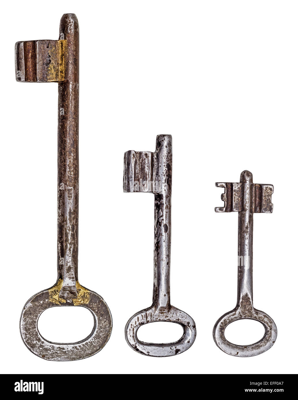 Set of scratched and aged antique iron door keys isolated on white ...