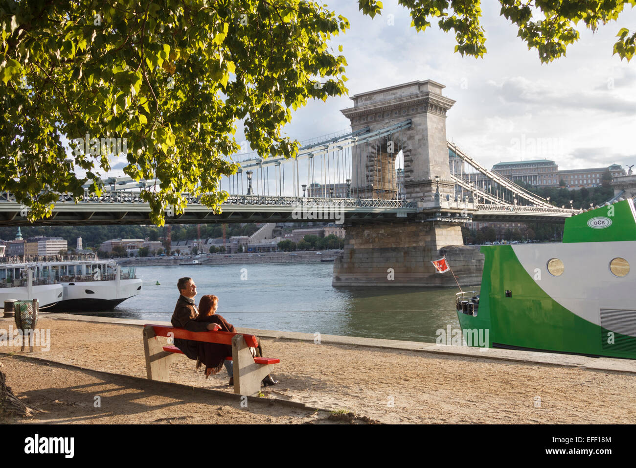 People at the Danube promenade by the Chain Bridge. Budapest, Hungary ...