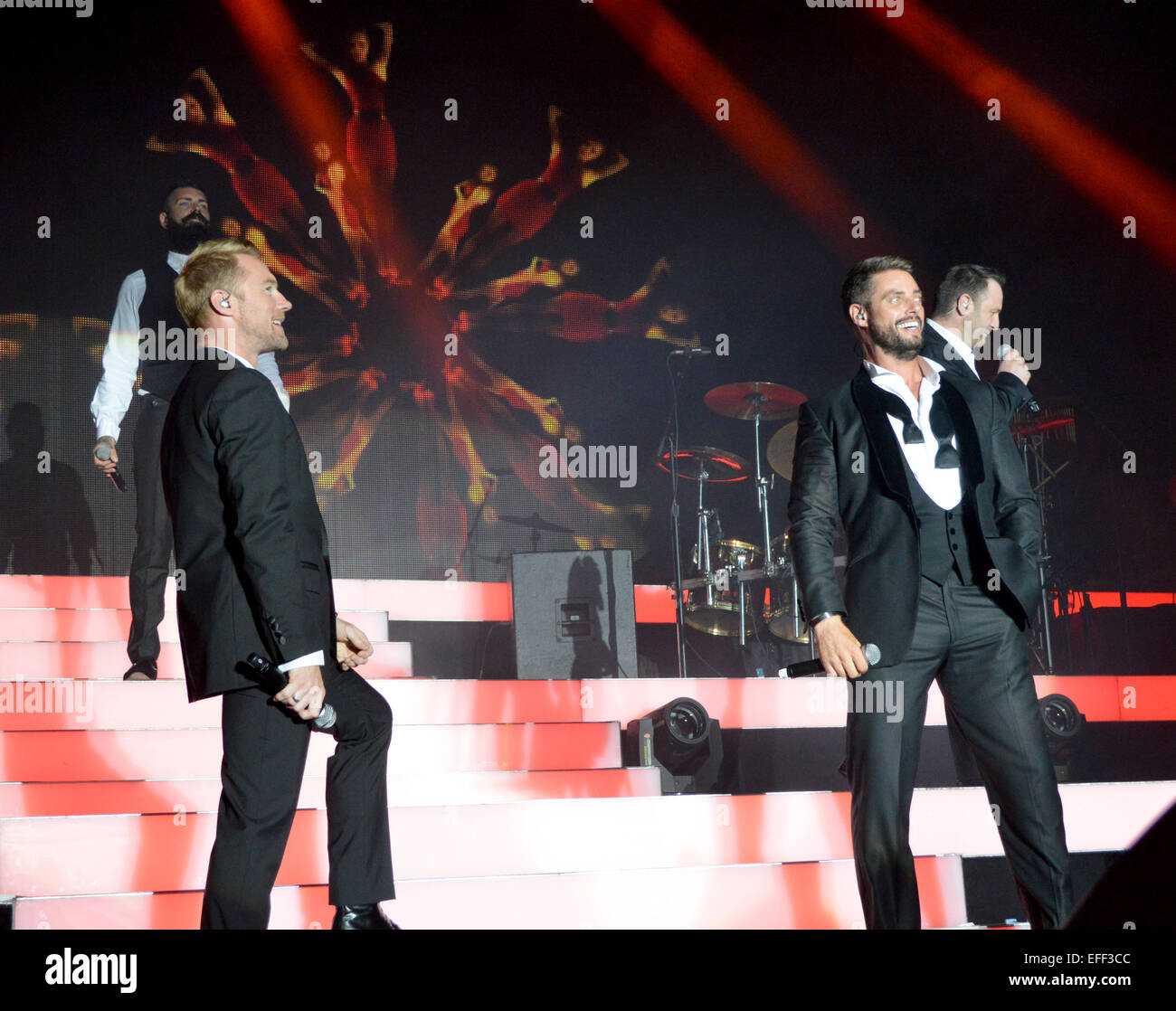 Boyzone performing live on stage at Epsom Live concert at Epsom Downs ...