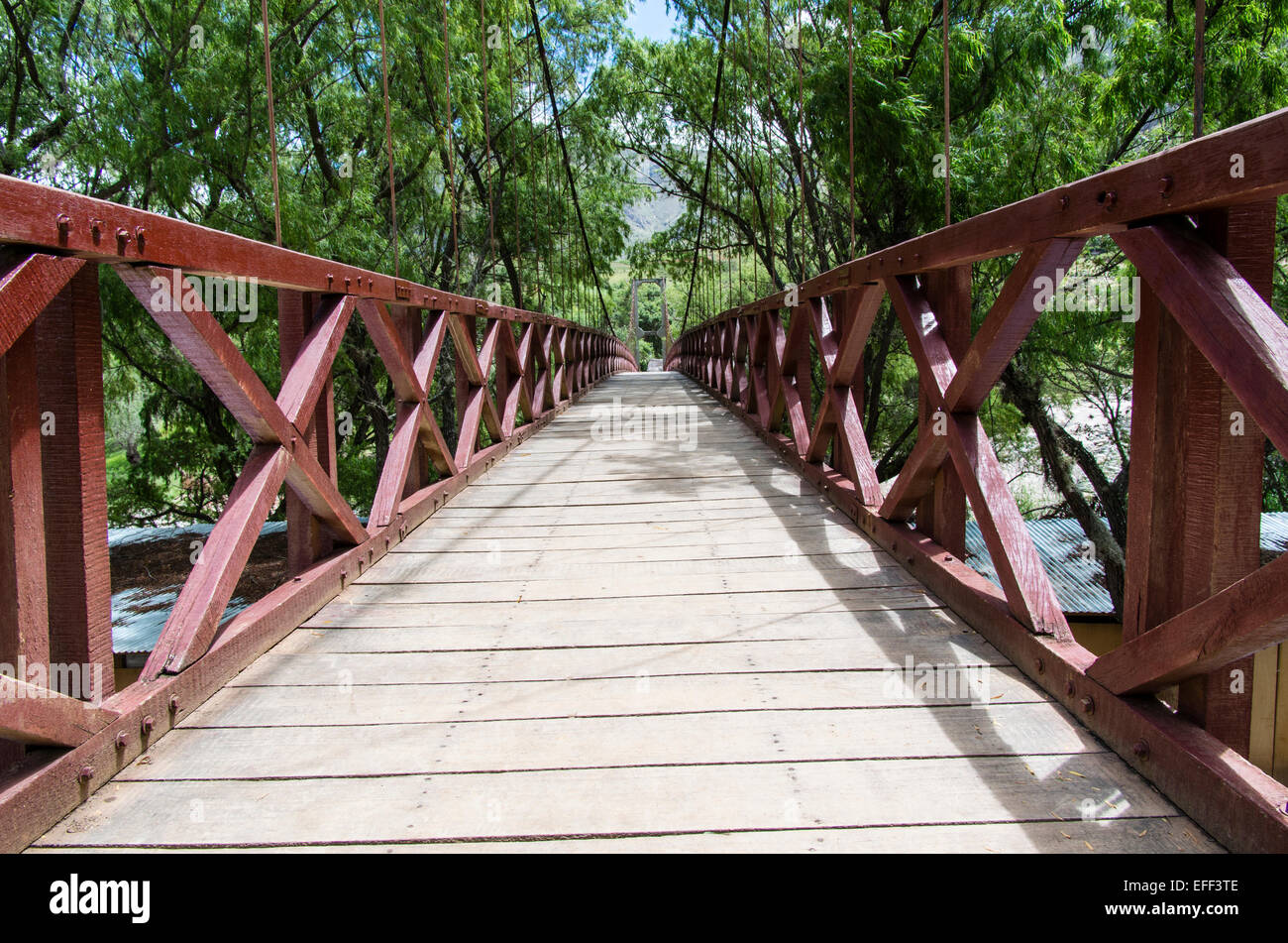 Pedestrian bridge in the upper Huallaga river. Andes mountains range ...