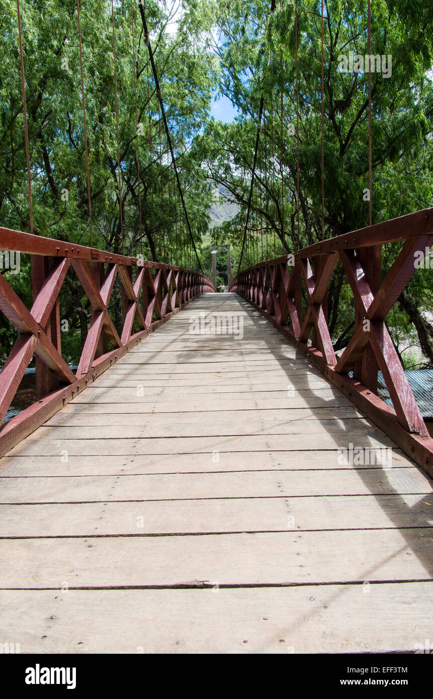 Pedestrian bridge in the upper Huallaga river. Andes mountains range ...