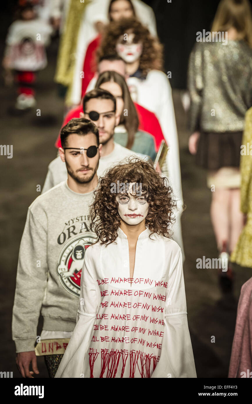 Barcelona, Spain. 2nd Feb, 2015. Models on the catwalk present the new ...