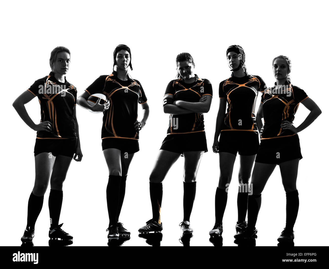 rugby women players team in silhouette isolated on white backround ...