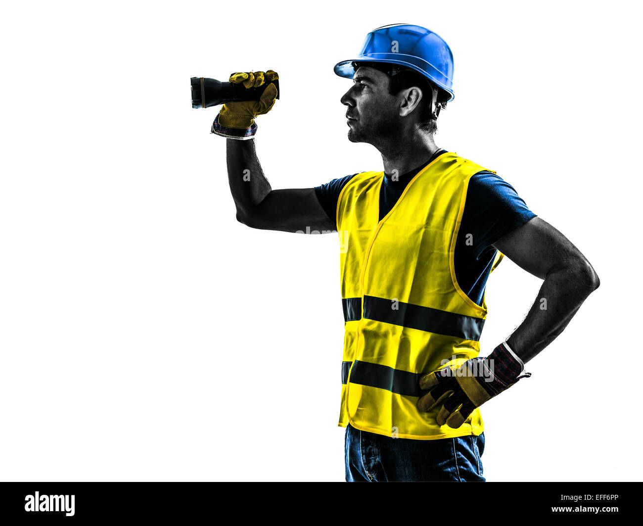 one construction worker signaling with flashlight silhouette isolated ...