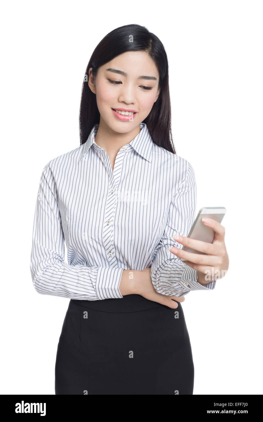 beautiful woman with a phone in her hand. Isolated on white background ...