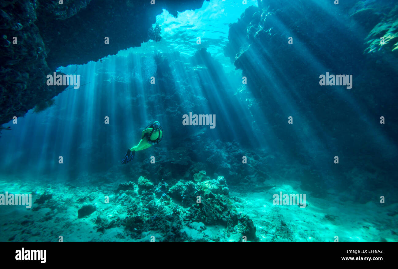 Female scuba diver exploring underwater caves Stock Photo - Alamy
