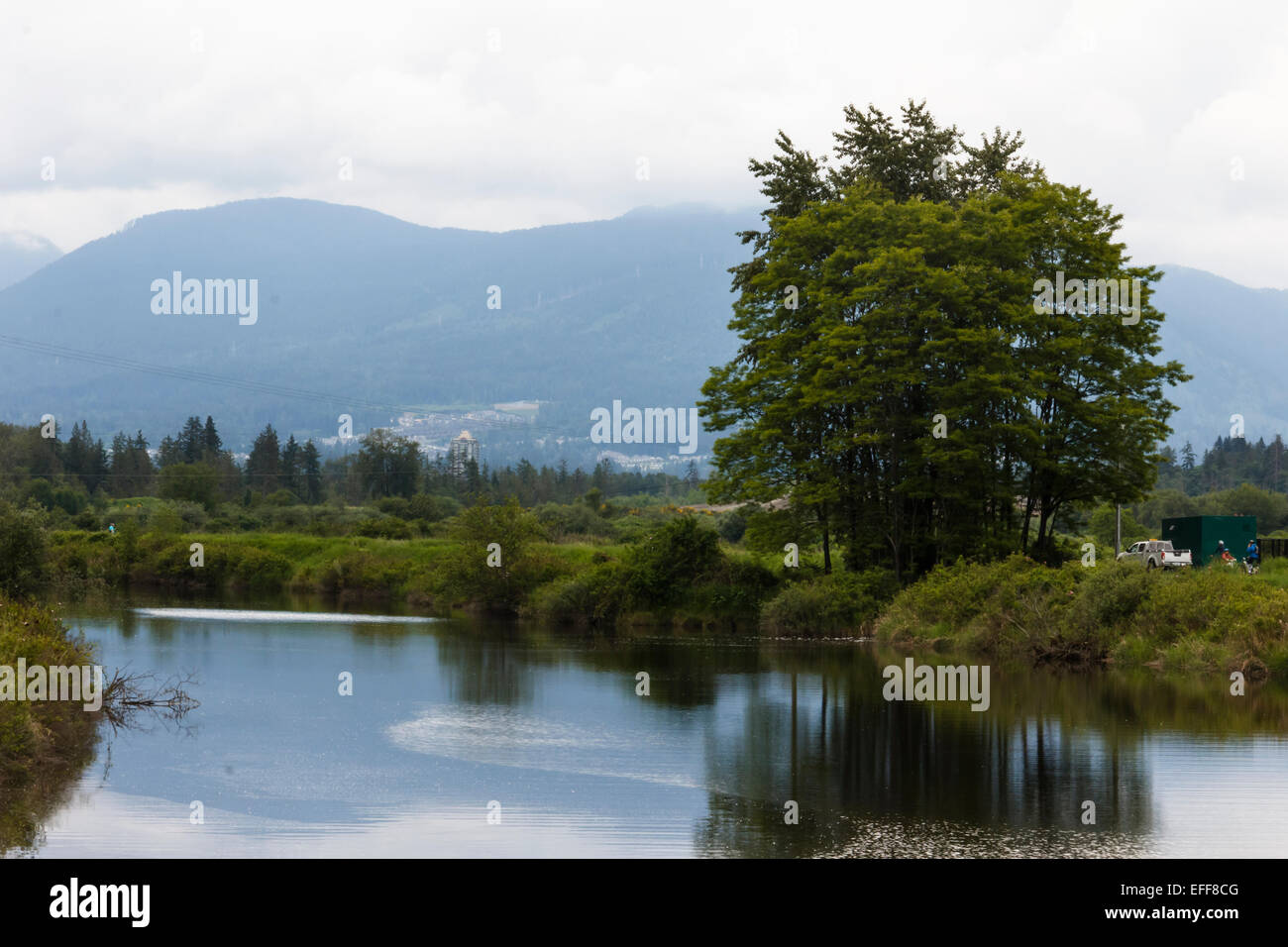 Pastoral countryside scene of pond, water, trees with mountains in ...