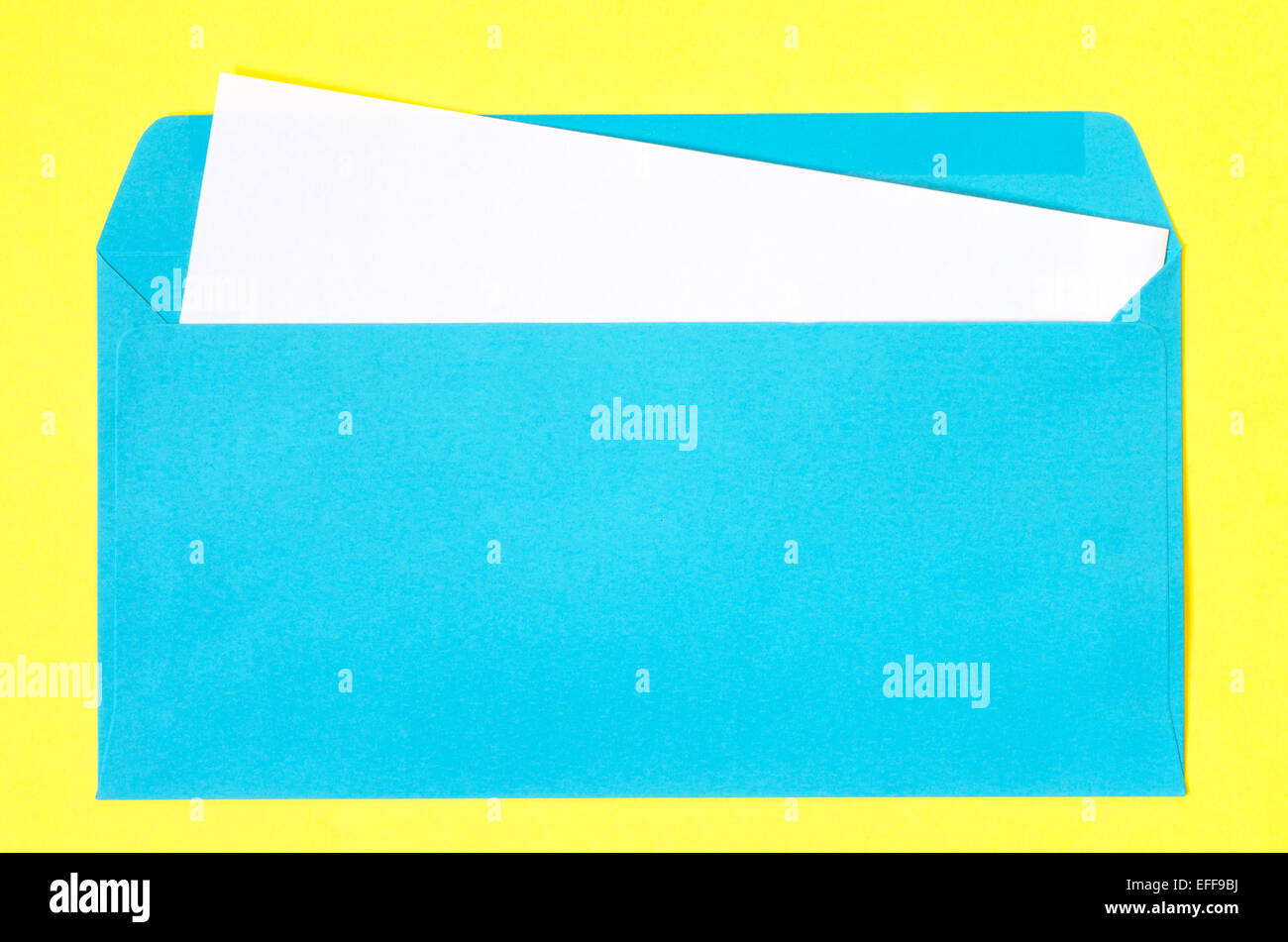 open blue, envelope with blank paper on yellow background Stock Photo ...