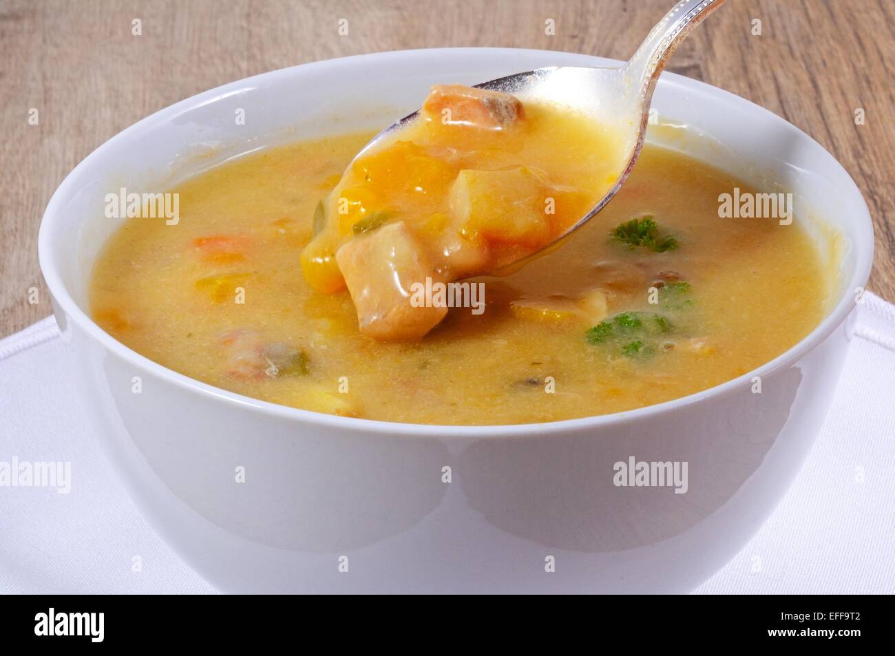 Fish chowder soup including smoked haddock, cod, salmon and vegetables ...