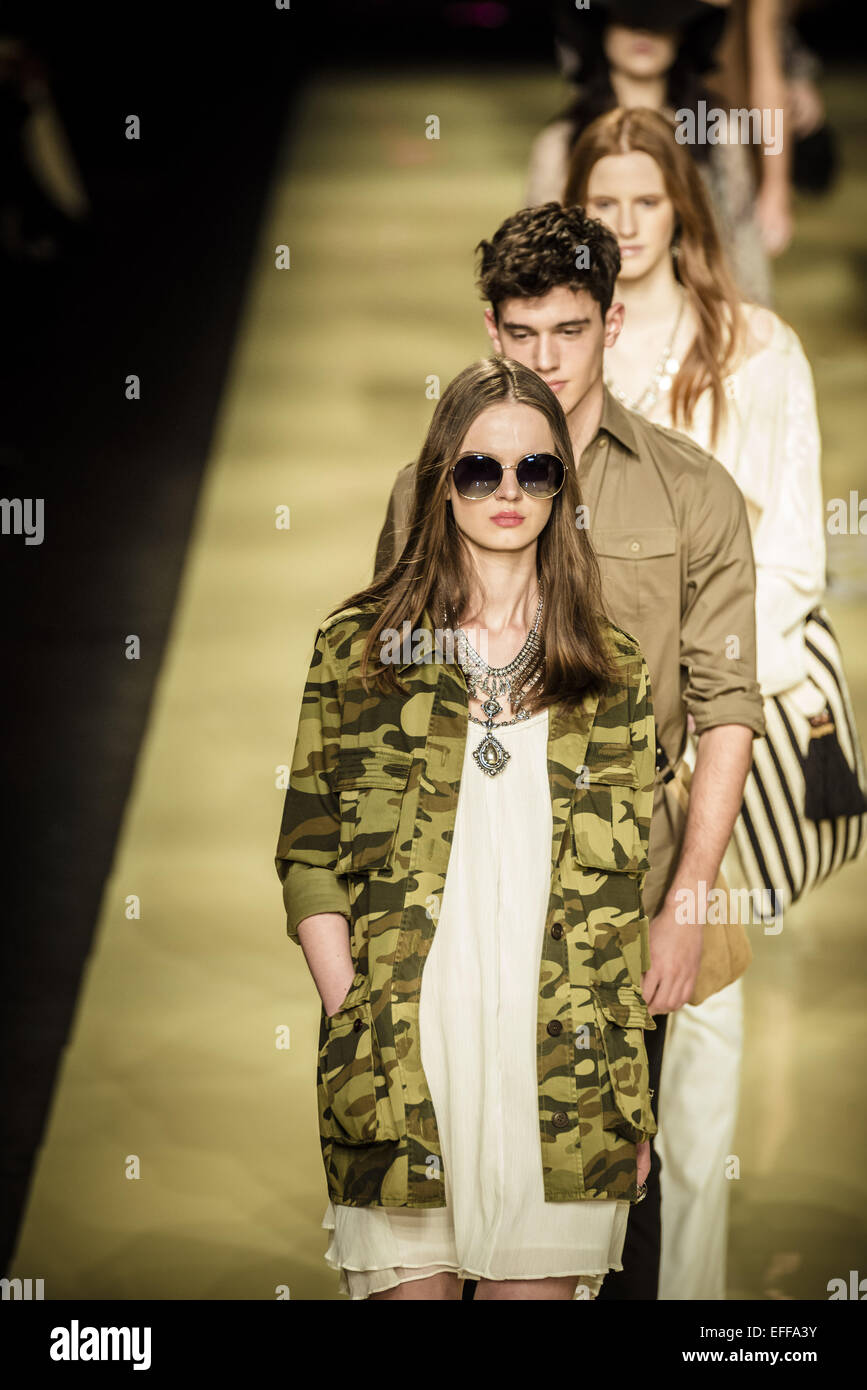 Barcelona, Spain. 2nd Feb, 2015. Models on the catwalk present the new ...