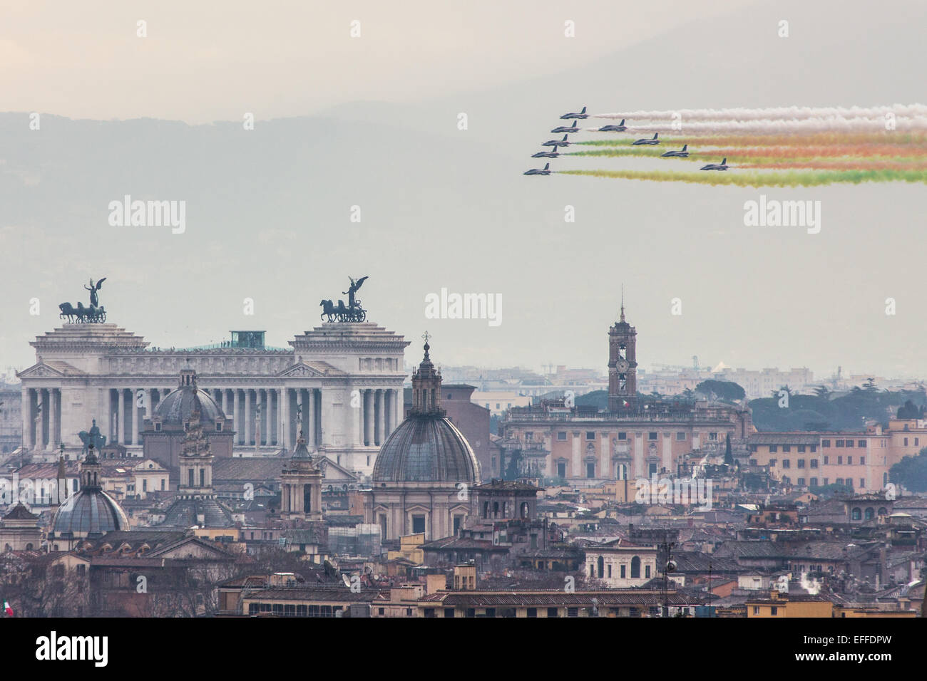 Frecce Tricolori flight over Rome for newly president Mattarella Stock ...