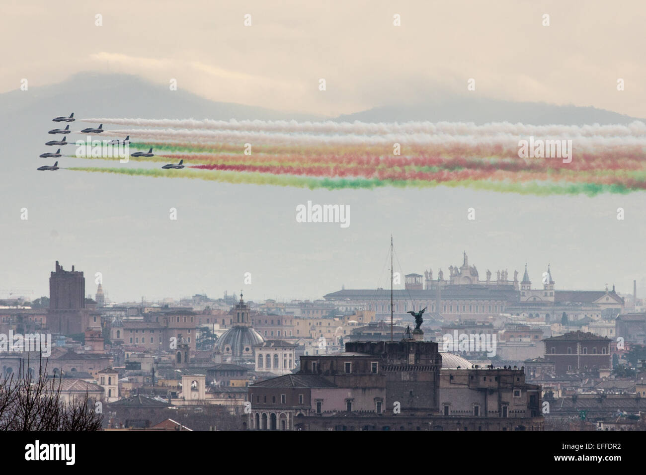 Frecce Tricolori flight over Rome for newly president Mattarella Stock ...