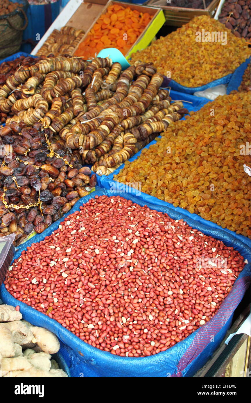 Dried fruits and legumes at a market stall in Morocco Stock Photo - Alamy