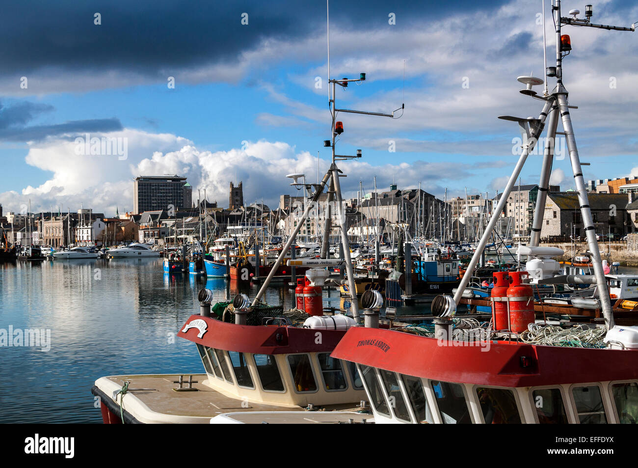 Trawlers in plymouth harbour,small, haven, calm, yellow, copyspace ...