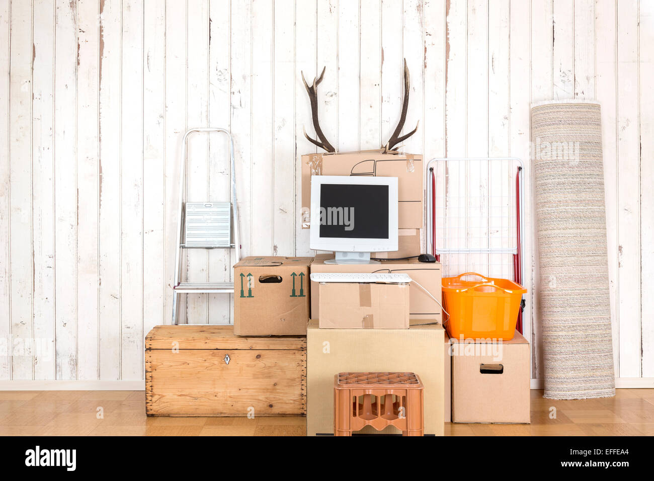 Makeshift home office with personal computer on cardboard boxes Stock ...