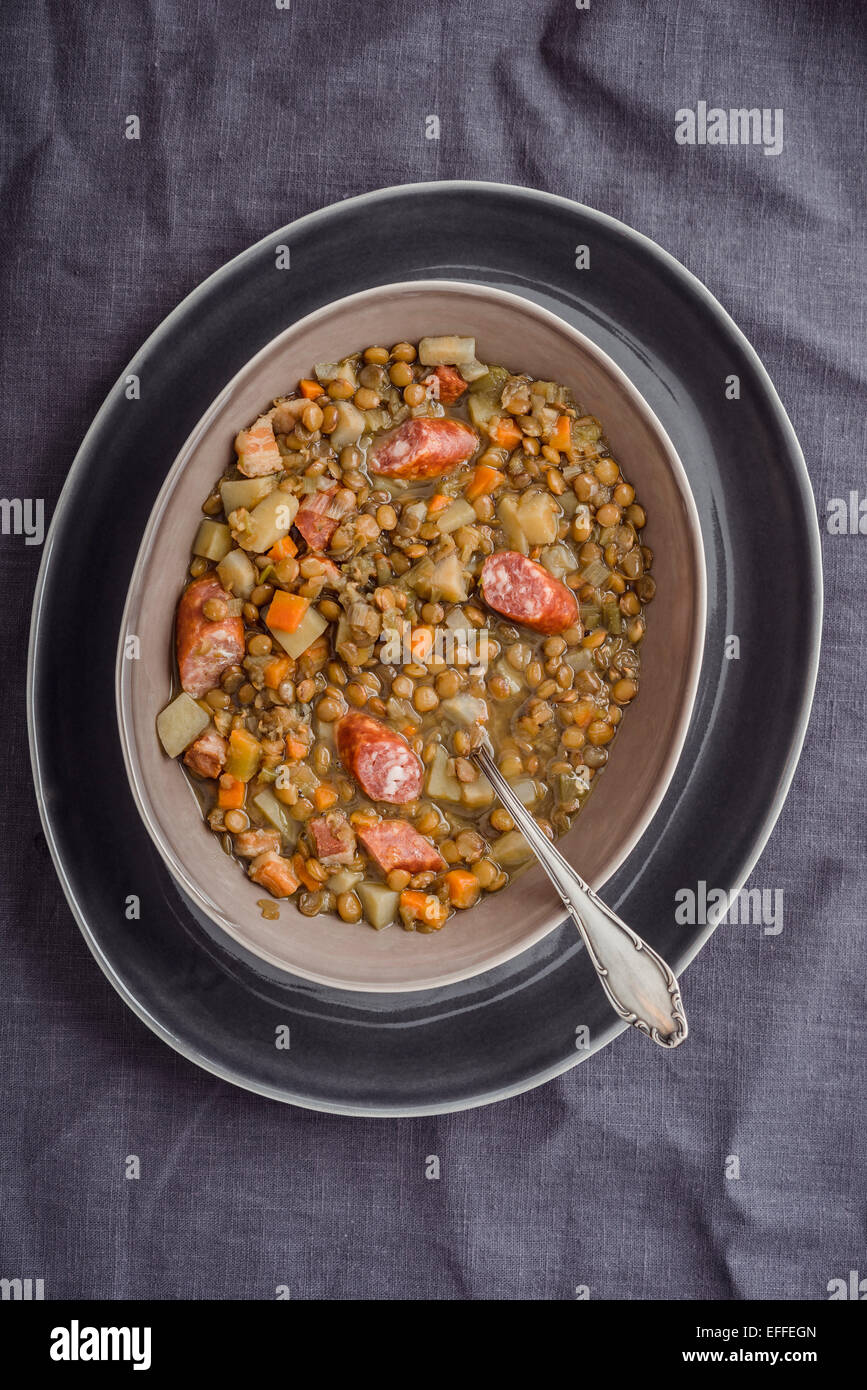 Lentil soup with minced pork sausage Stock Photo - Alamy
