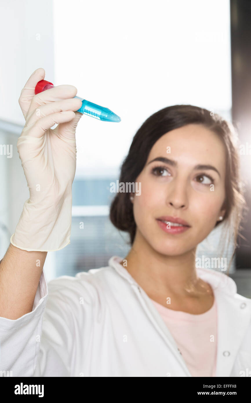 Female scientist checking test tube Stock Photo - Alamy