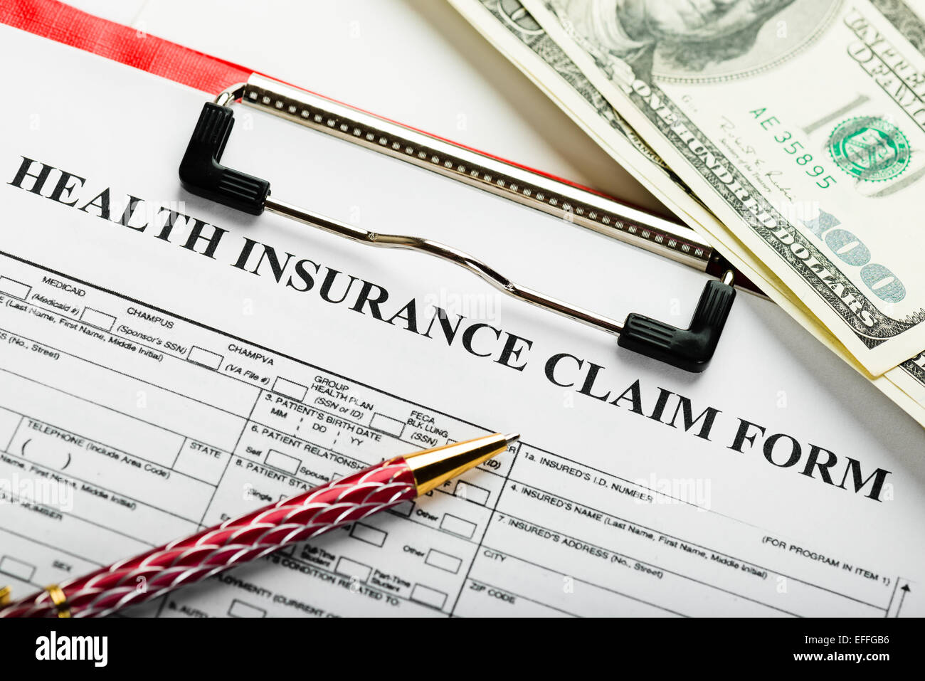 Health insurance application form with banknote concept for life ...
