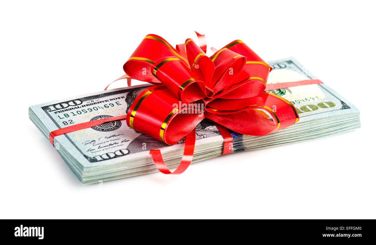 Money gift, big stack of dollars with red bow isolated on white ...