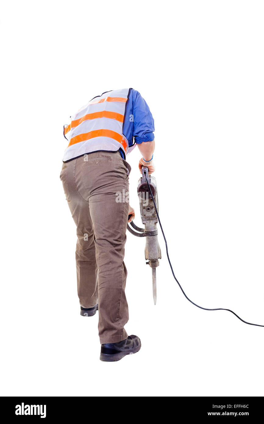worker with pneumatic hammer drill equipment isolated on white Stock ...