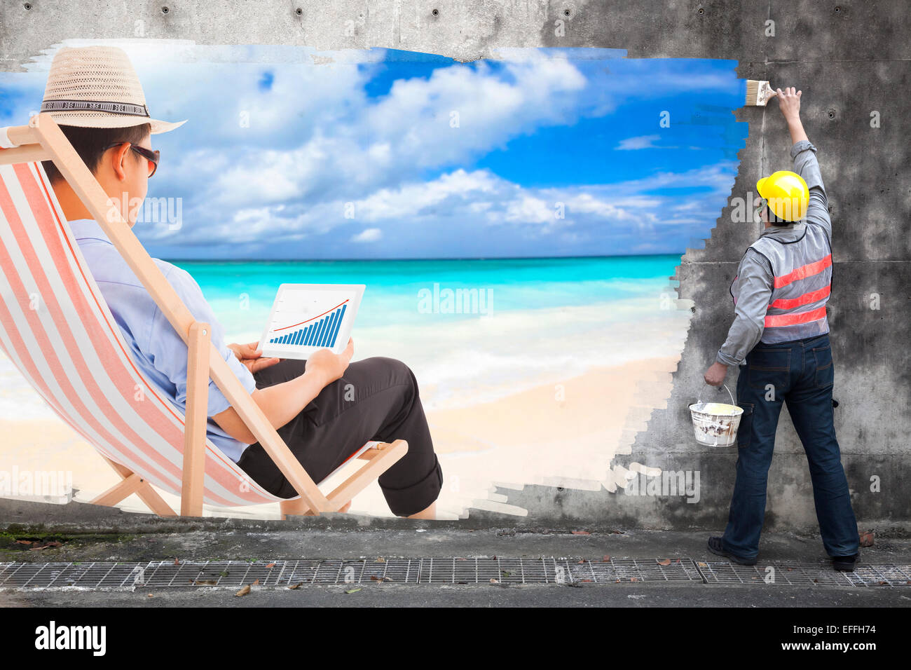 worker with paint brushes drawing business travel concept ad on the ...