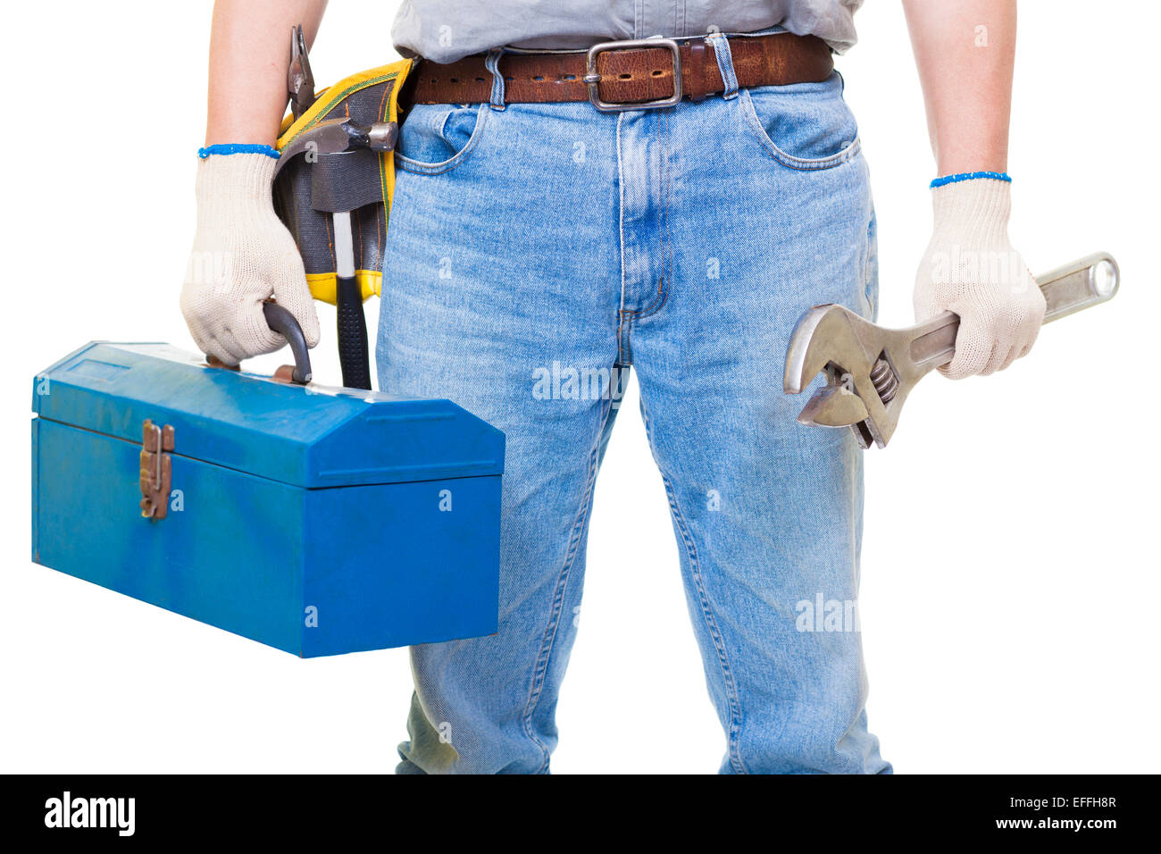 Worker with a tool box isolated on white Stock Photo - Alamy