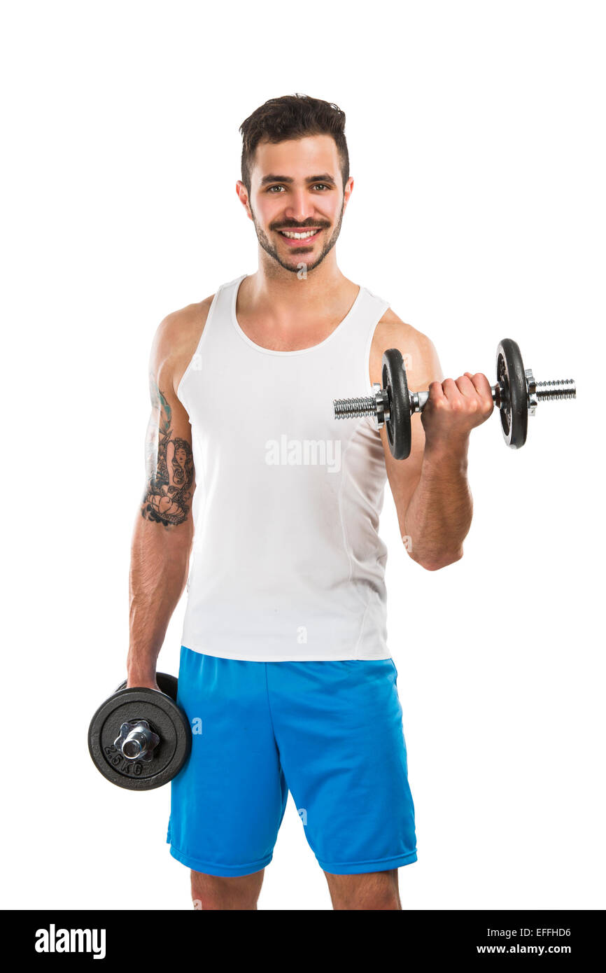 Portrait of a muscular man lifting weights, isolated over a white ...